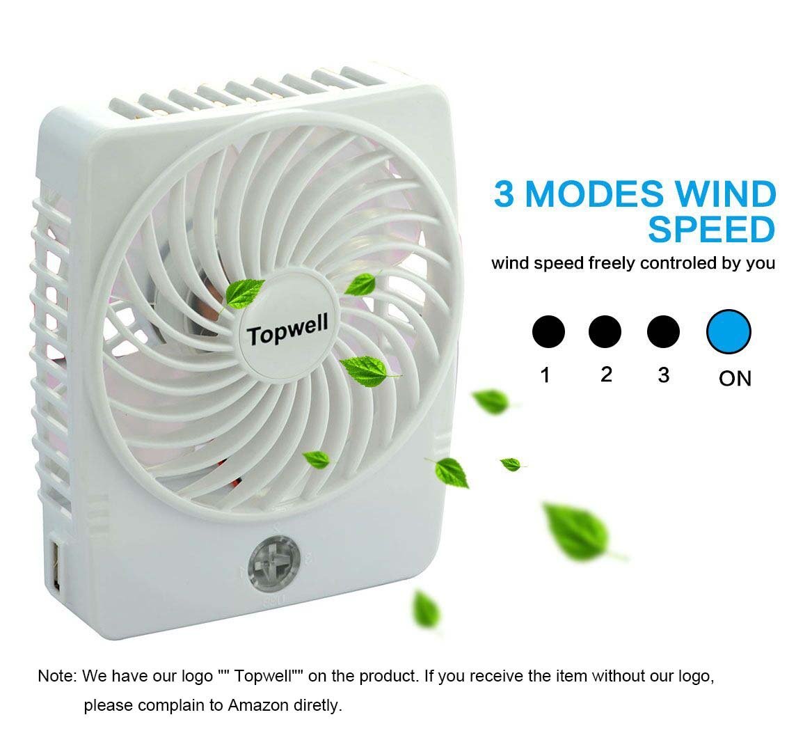Topwell Mini Square Rechargeable Clip Base Fan with LED Light, Battery ...