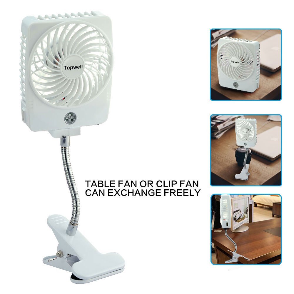 Topwell Mini Square Rechargeable Clip Base Fan with LED Light, Battery ...
