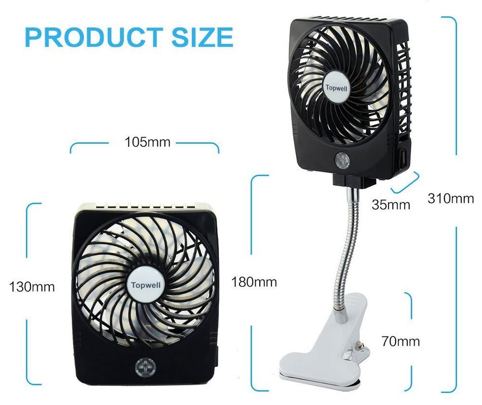 Topwell Mini Square Rechargeable Clip Base Fan with LED Light, Battery ...