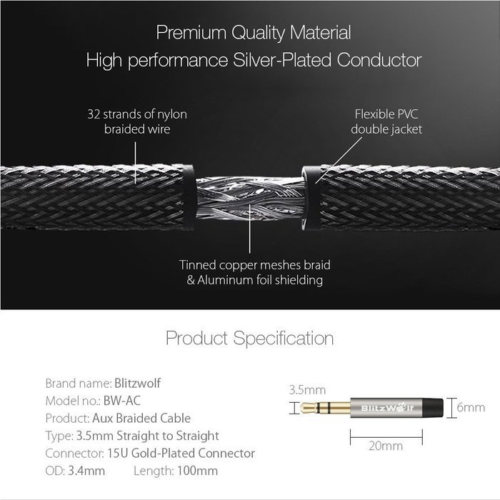 3.5mm AUX Cable, BlitzWolf Braided 3.3ft Universal Audio Cable Cord for ...
