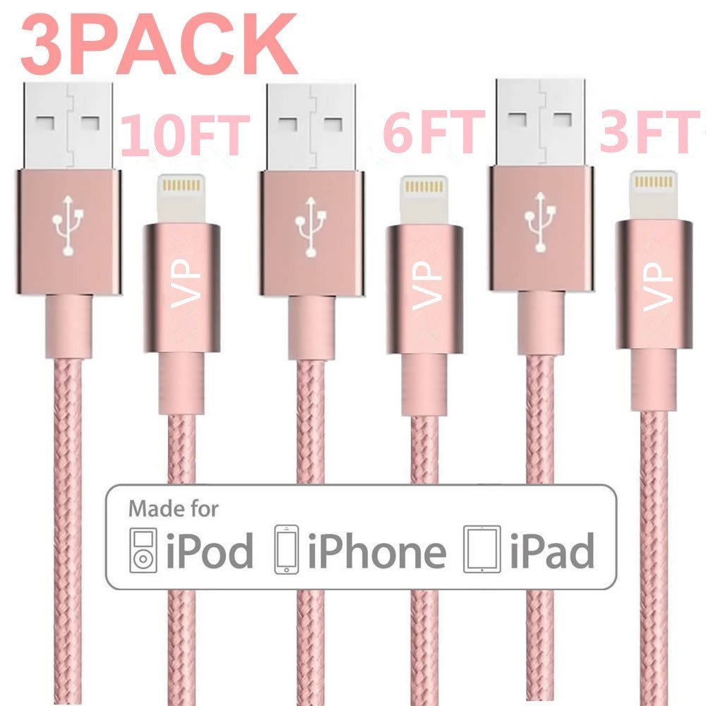 Lightning Cable, VP 2Pack 10 FT iPhone Charger Cord nylon braided for ...