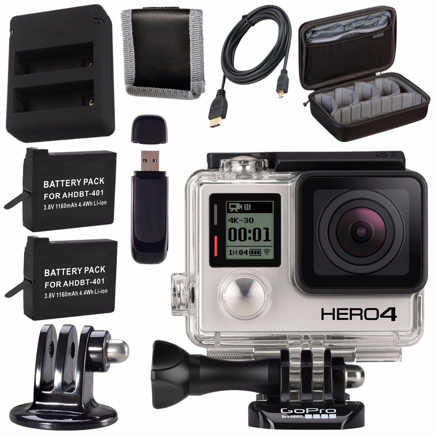 GoPro HERO4 Black + Rechargeable Battery + Dual Battery Charger + Case ...