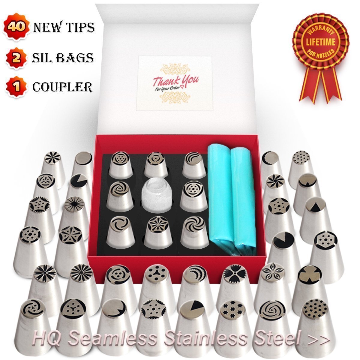 BIG SET: 40 Premium Russian Piping Tips, 2 Silicone Bags, 1 Coupler ...