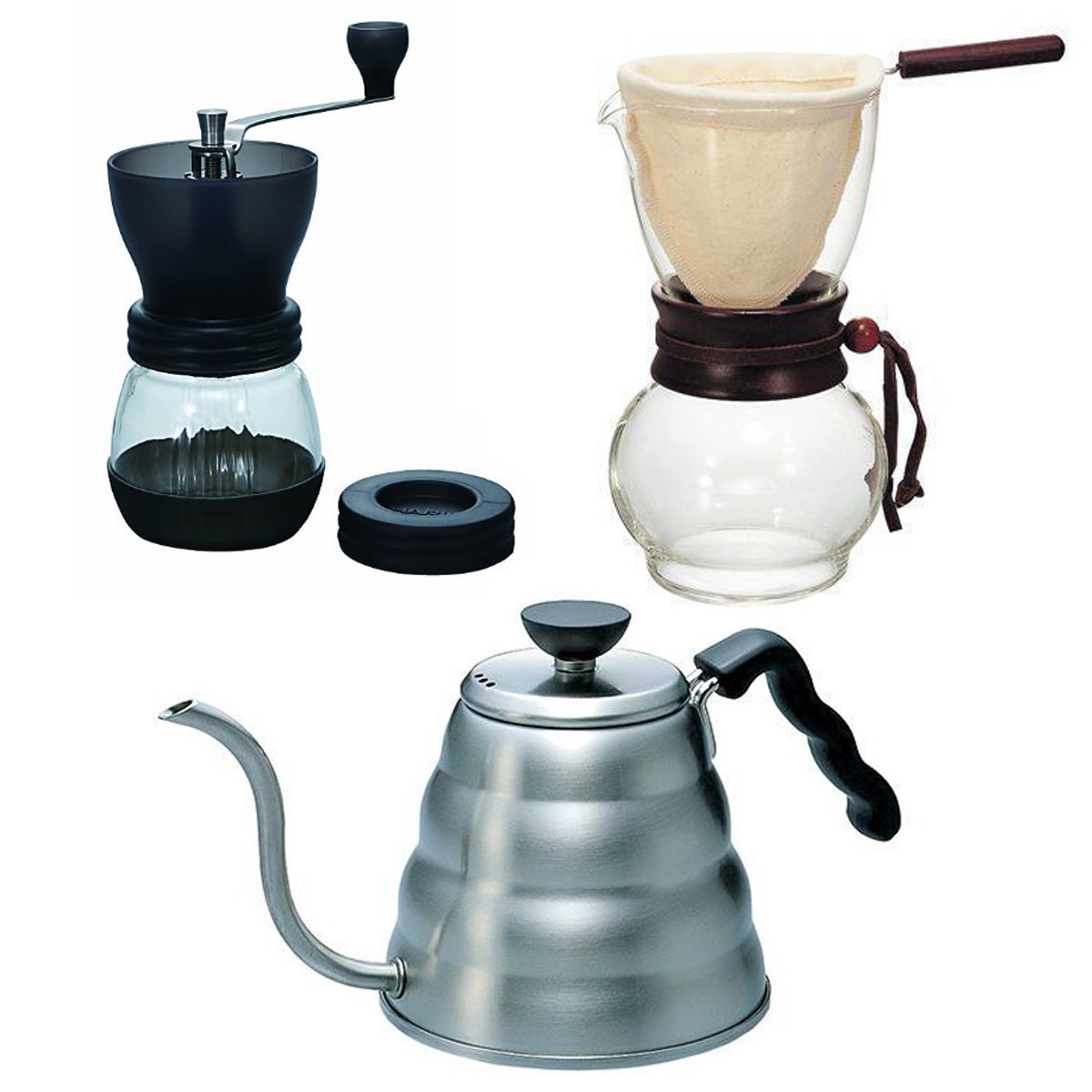 Hario Kettle, Drip Pot Woodneck and Coffee Mill - 3 Products Together ...
