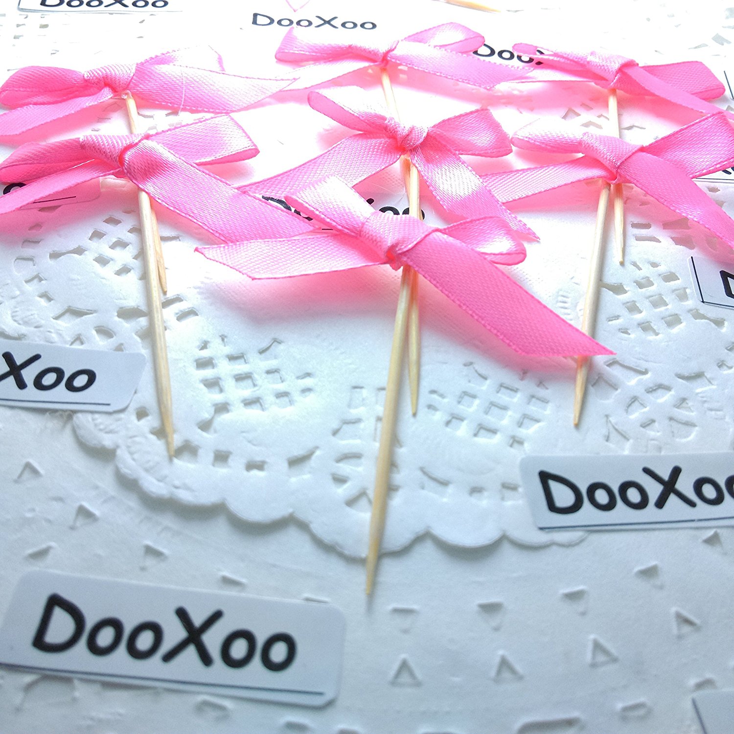DOOXOO 2" Hot Pink Satin and Glitter Bow Cupcake Toppers or Finger food ...