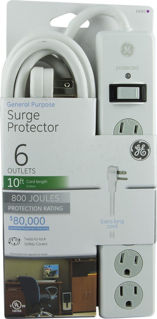 GE 14014 6-Outlet General Purpose Surge Protector, 800 Joules, 8ft Cord ...
