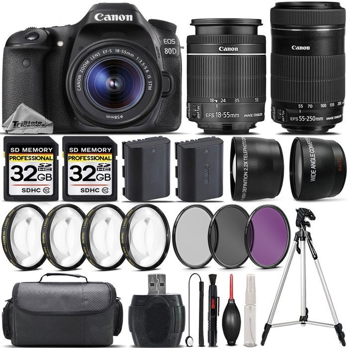 Canon EOS 80D DSLR Camera + Canon 18-55mm IS STM Lens + Canon 55-250mm ...