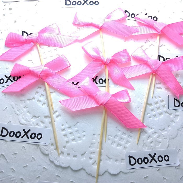 DOOXOO 2" Hot Pink Satin and Glitter Bow Cupcake Toppers or Finger food ...
