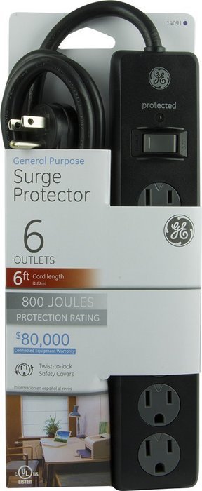 GE 14014 6-Outlet General Purpose Surge Protector, 800 Joules, 8ft Cord ...