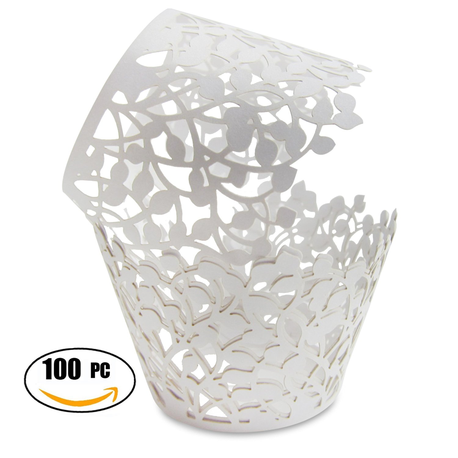 100pcs Cupcake Wrappers - White Shimmering Decorative Vine Lace Liner ...