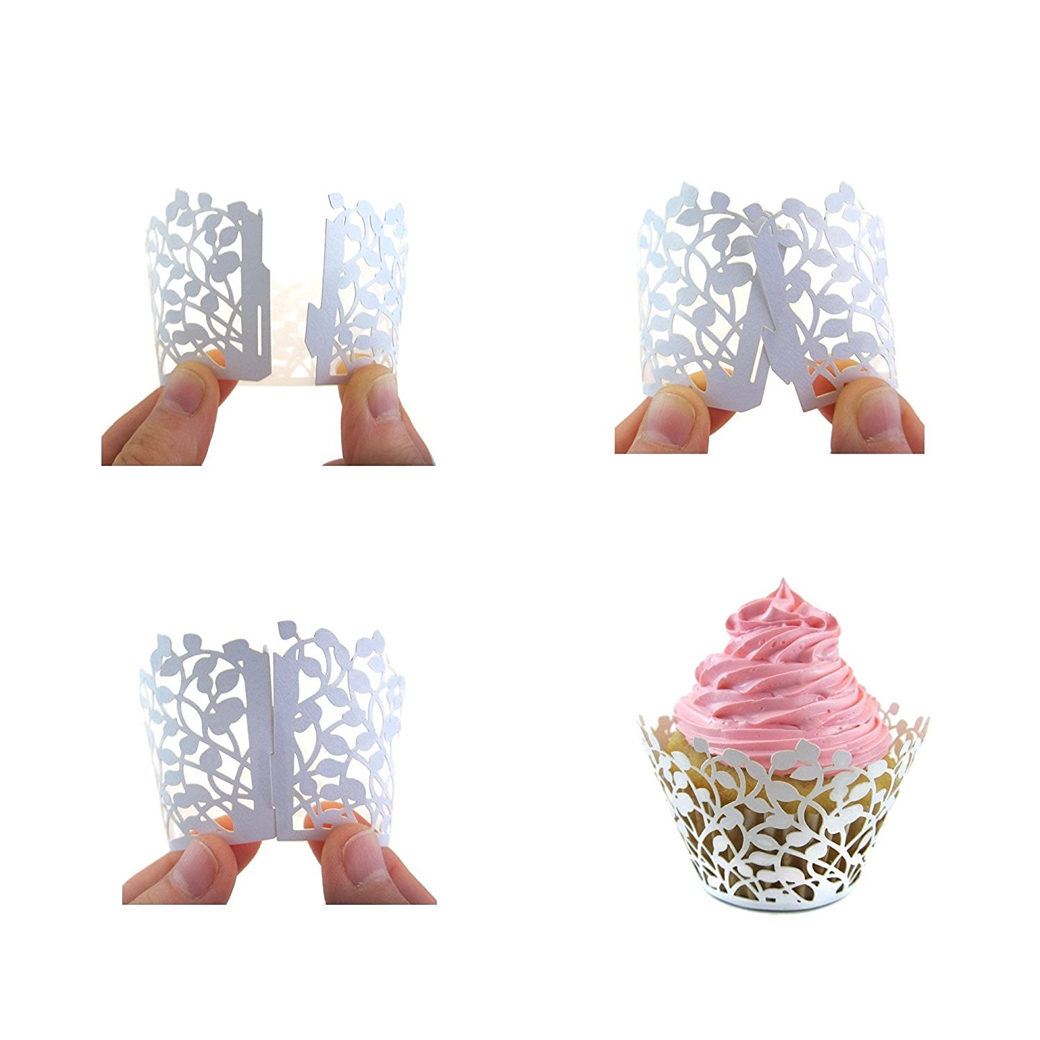 100pcs Cupcake Wrappers - White Shimmering Decorative Vine Lace Liner ...
