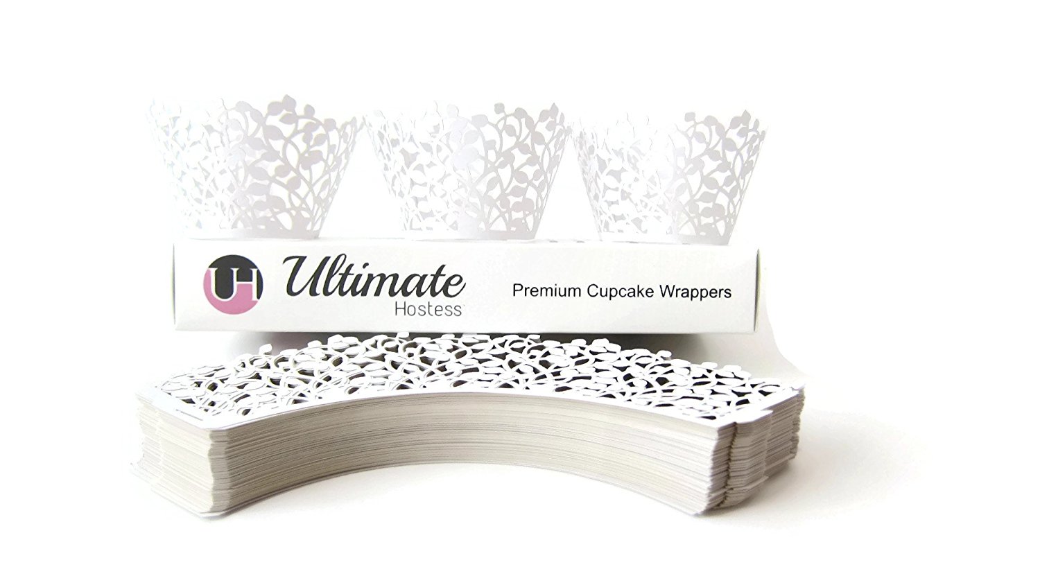 100pcs Cupcake Wrappers - White Shimmering Decorative Vine Lace Liner ...