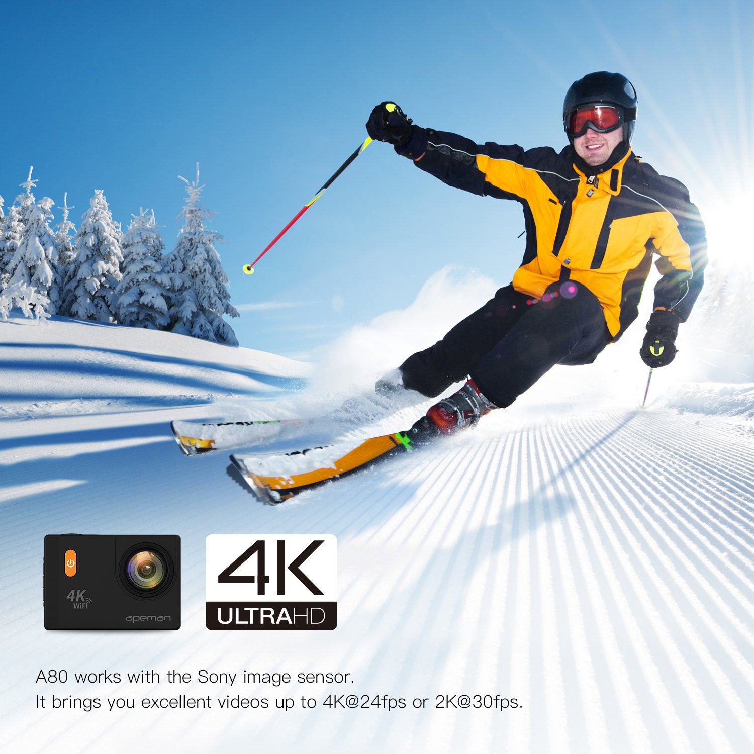 APEMAN A80 Action Sports 4K Camera Ultra WiFi HD skiing cam 170º Wide ...
