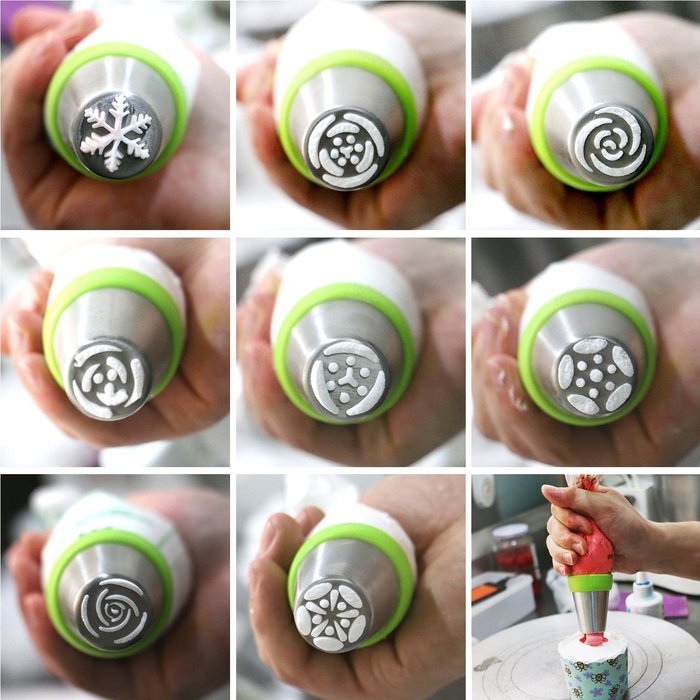 Fixget 8 Pcs Cake Tips with Bonus 10 Pcs Disposable Pastry Bags & 1 ...