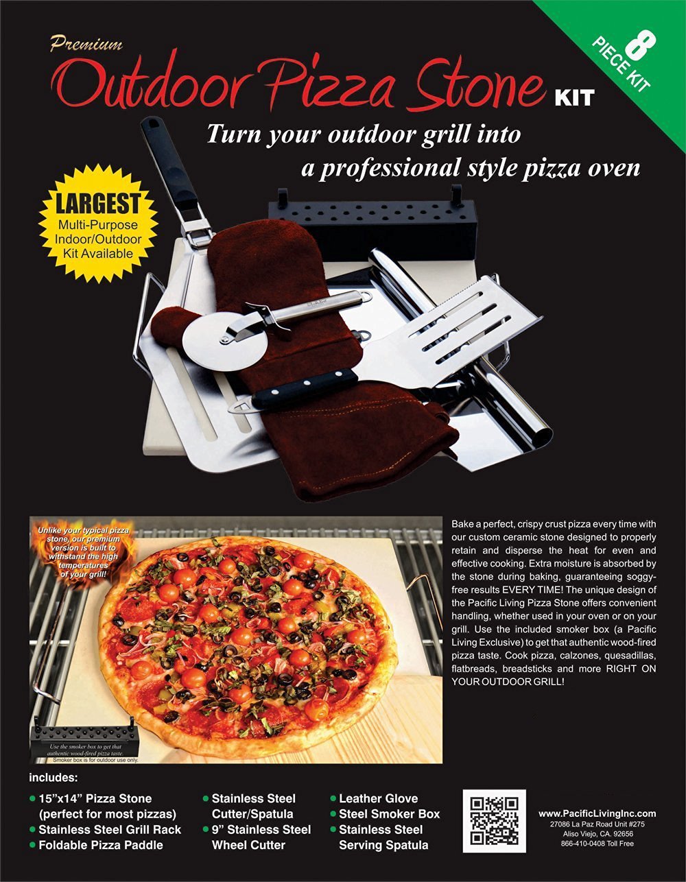 Pacific Living Premium 8-Piece Outdoor Pizza Stone Kit with Smoker Box ...