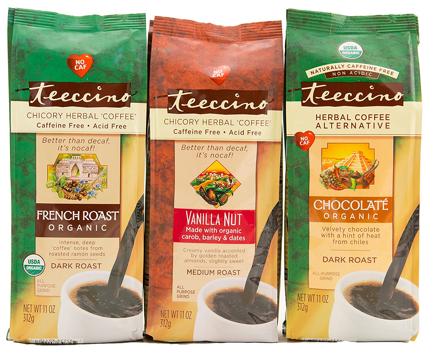 Teeccino Variety Pack (Hazelnut, Mocha, and Java) Chicory Herbal Coffee ...