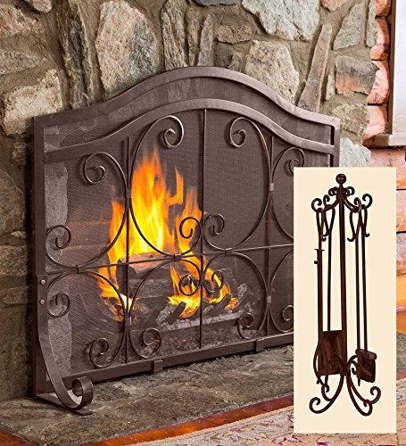 Large Crest Flat Guard Fireplace Screen And Tool Set, in Copper finish ...