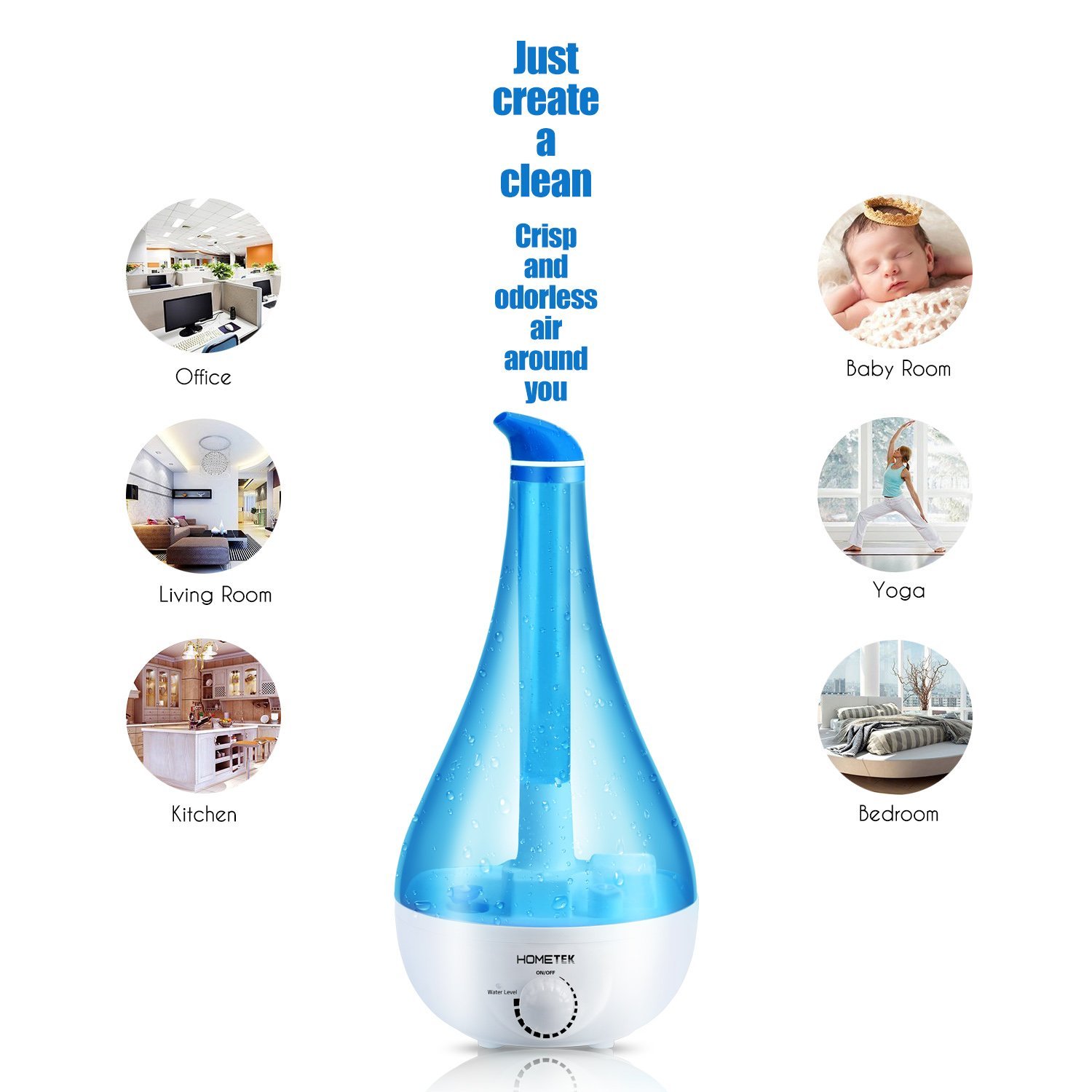 HOMETEK Ultrasonic Humidifier with 2.2 Liter Water Tank 360 Degree ...