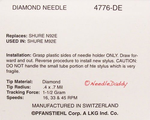 NEEDLE STYLUS FOR SHURE N92E M92E M99E N99E SU30 M104E 776-DEX 4776-DE ...