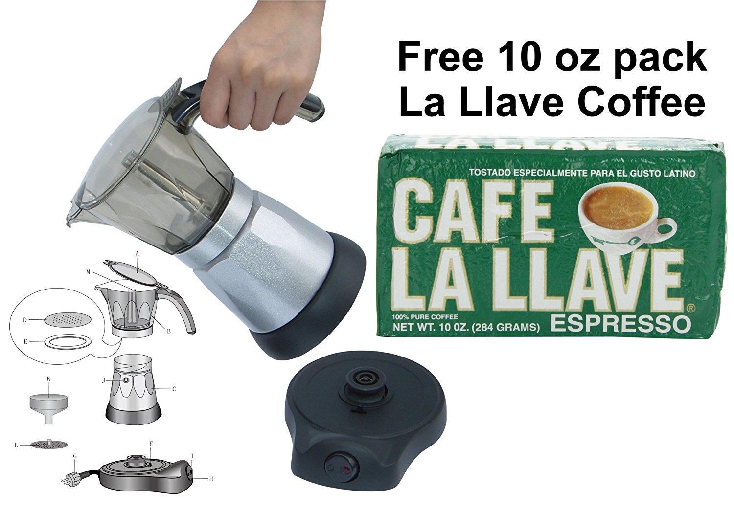 6 Cup Electric Cuban Coffee Maker With Free Cafe La Llave 10 Oz Pack