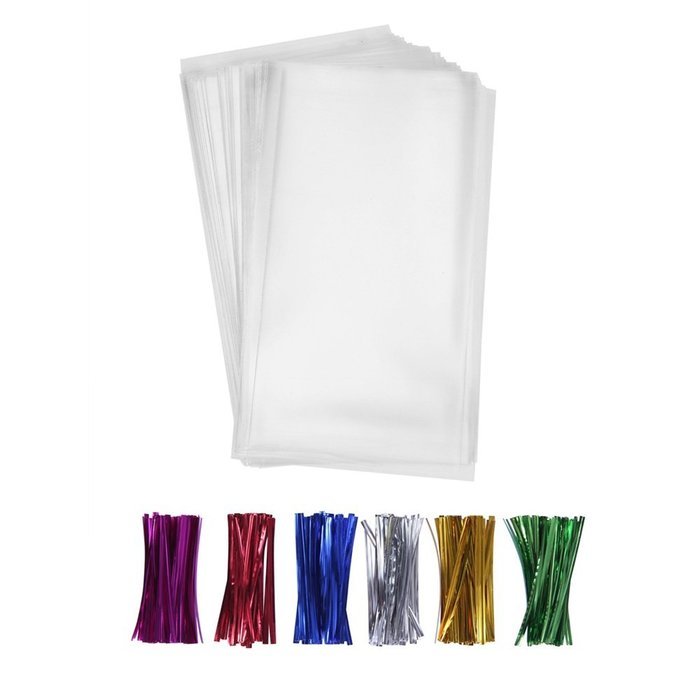 200 Clear Treat Bags 6x9 with 4" Twist Ties 6 Mix Colors - Thick OPP ...