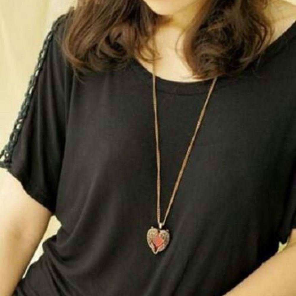 Vintage Heart Ruby Necklace Fashion Women Retro Bronze Long Chain ...