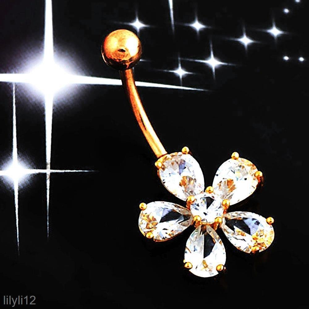 Rhinestone Flower Navel Ring Gold Plated Belly Button Bar Body Piercing