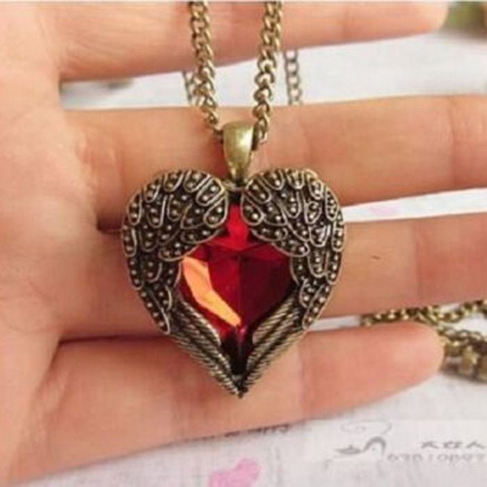 Vintage Heart Ruby Necklace Fashion Women Retro Bronze Long Chain ...