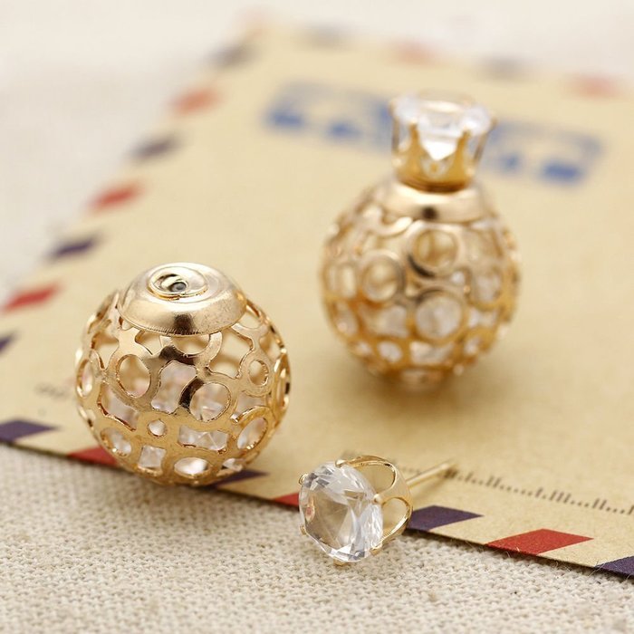 Double-Sided Yellow Gold Plated Hollow Crystal Ball Women Unique ...