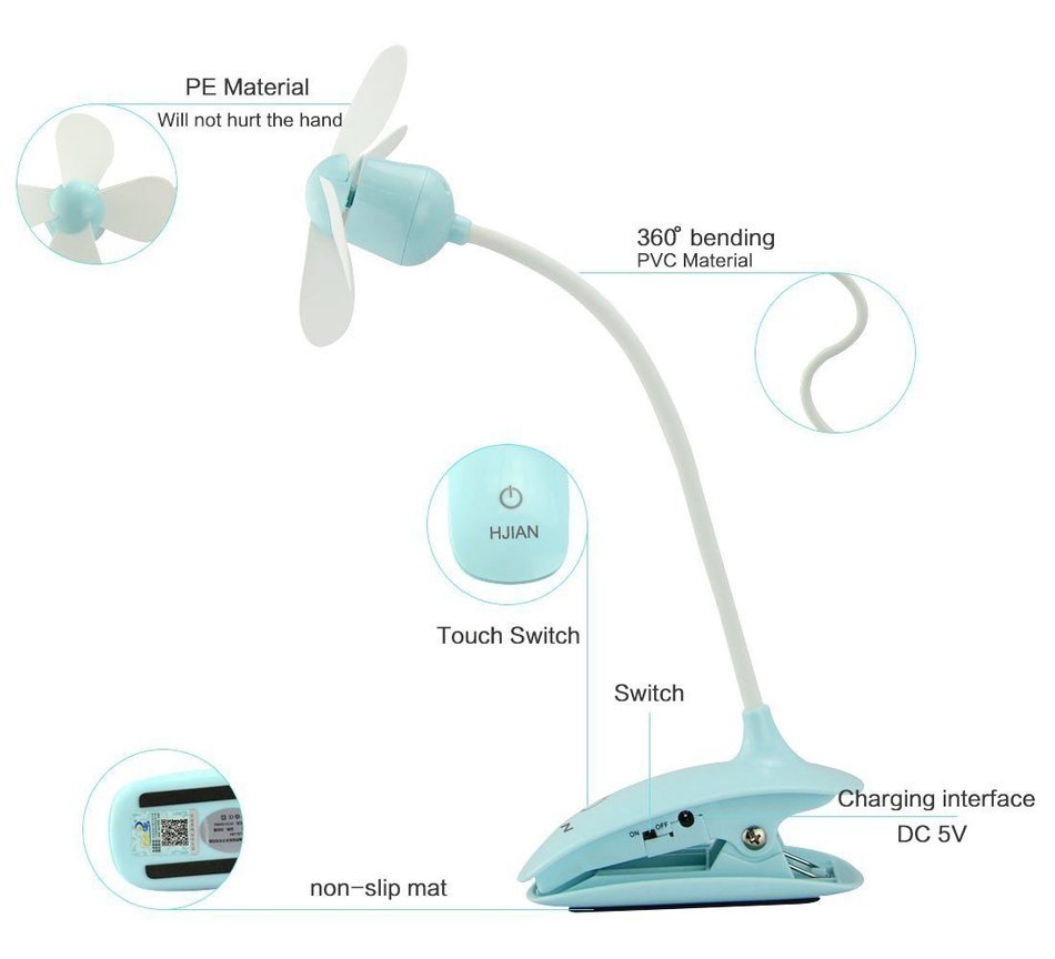 HJIAN Portable Clip-on Fan Personal Clip Fan / Table Fan with Built-in ...