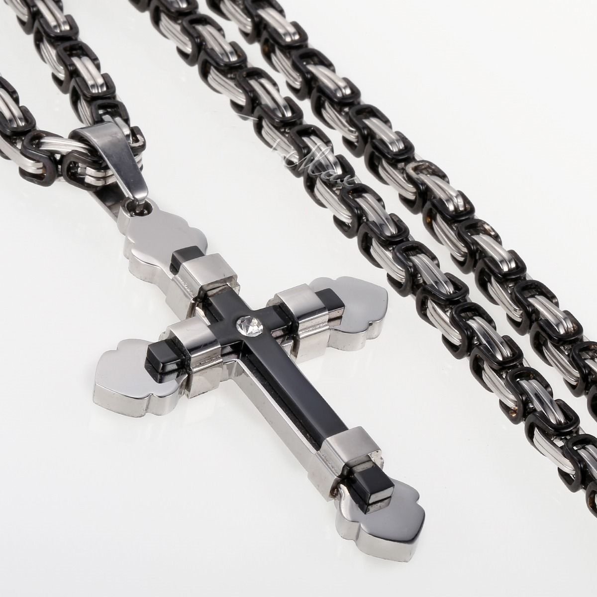 5mm Mens Chain Black Silver Byzantine Box Stainless Steel Cross Pendant ...