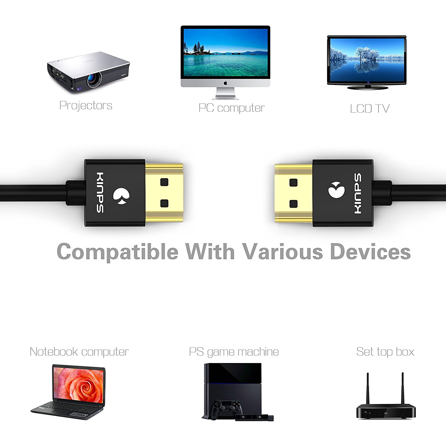 4K HDMI Cable, Kinps 15ft Ultra Slim Cable v1.4 with Ethernet, 24k Gold ...