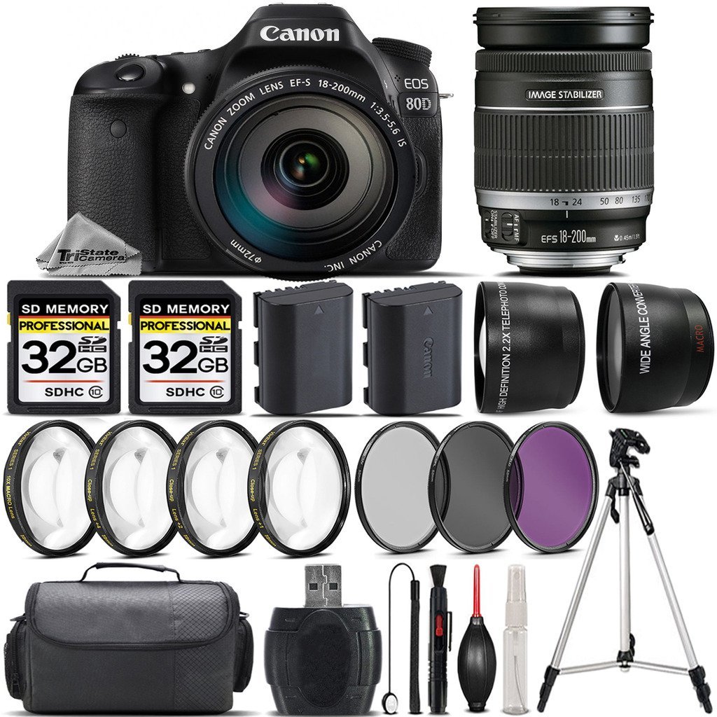Canon EOS 80D DSLR Camera + Canon 18-200mm IS Lens + 0.43X Wide Angle ...