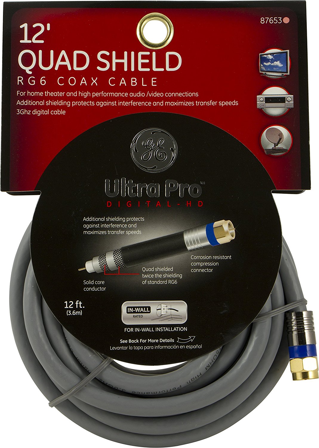 GE 87653 Quad Shielded G6 12-Feet Coaxial Cable, Gray N3 free image ...