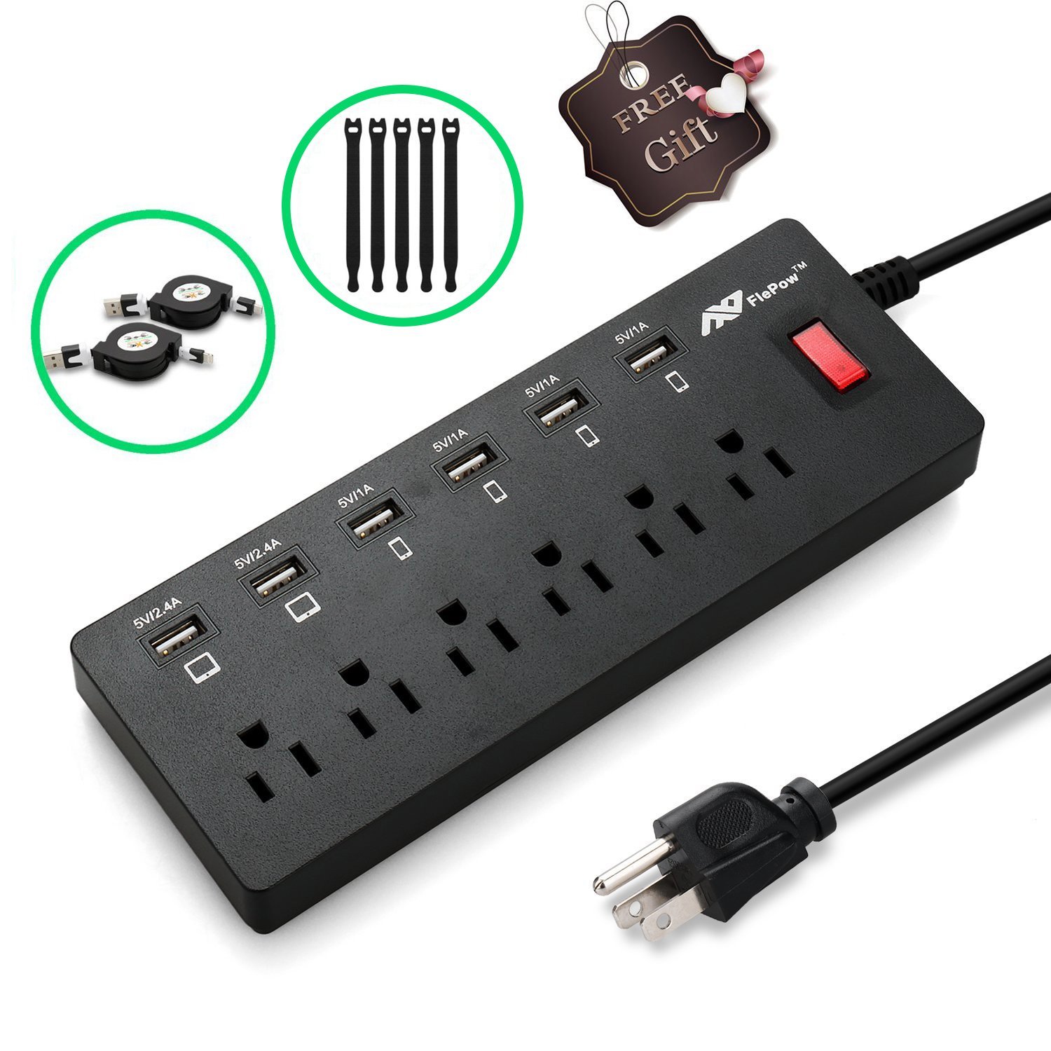 Power Strip, FlePow 1625W/13A 6-Outlet Surge Protector with 6 USB ...