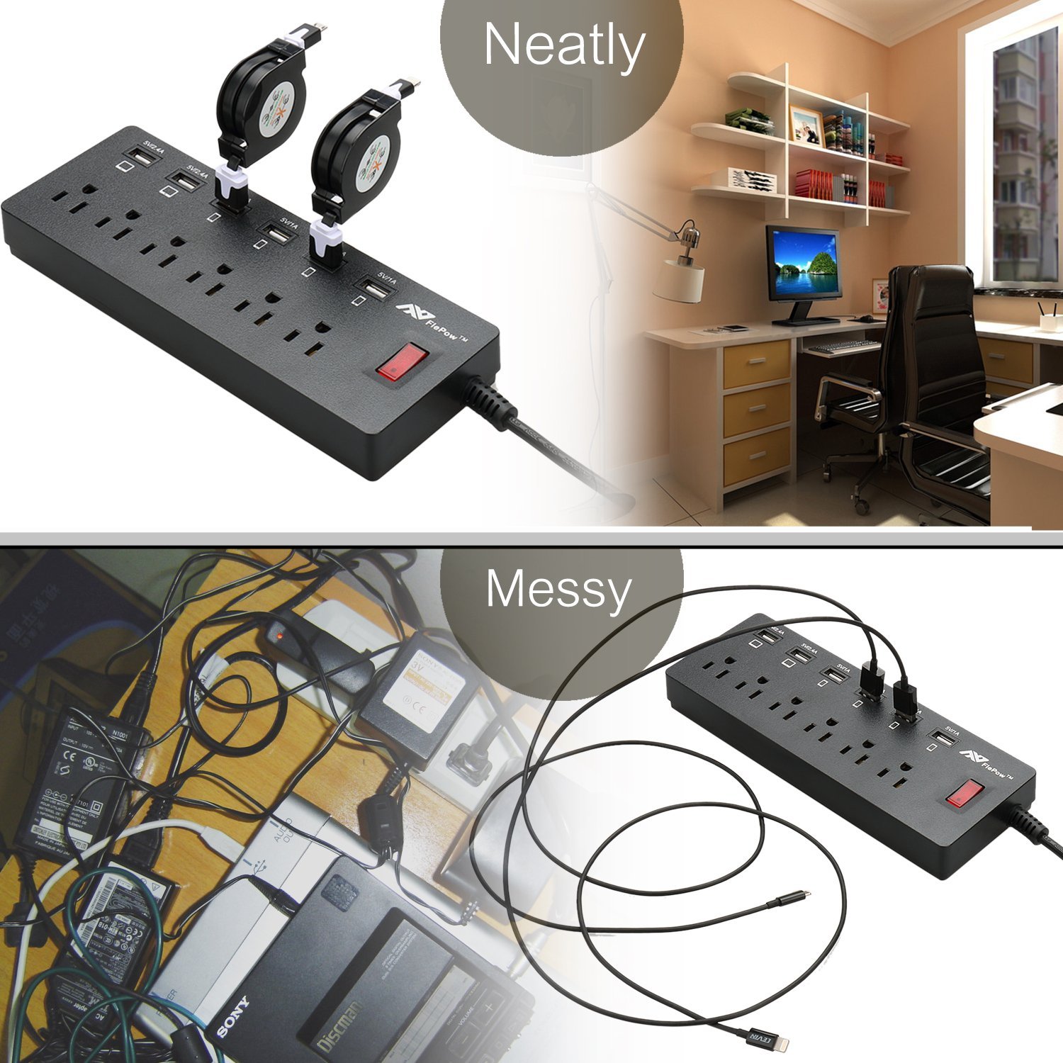 Power Strip, FlePow 1625W/13A 6-Outlet Surge Protector with 6 USB ...