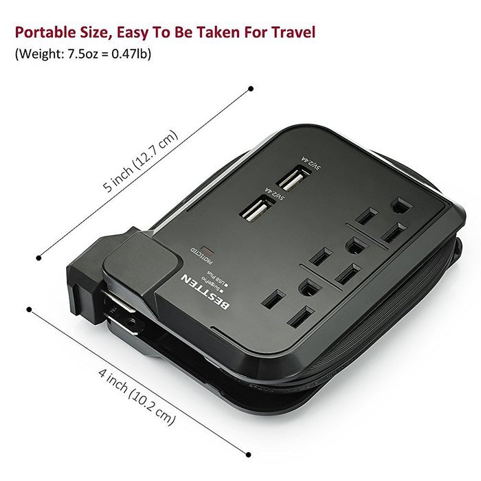 Bestten 3 Outlet Mini Travel Charger Surge Protector with Dual USB ...
