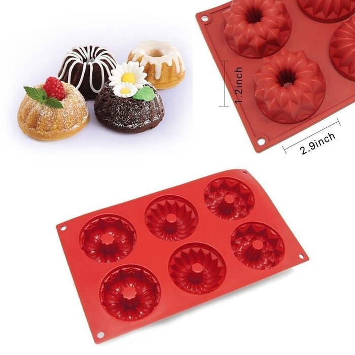 6 Cavity Silicone Mold Mini Bundt Savarin Cake Muffin Chocolate Baking ...