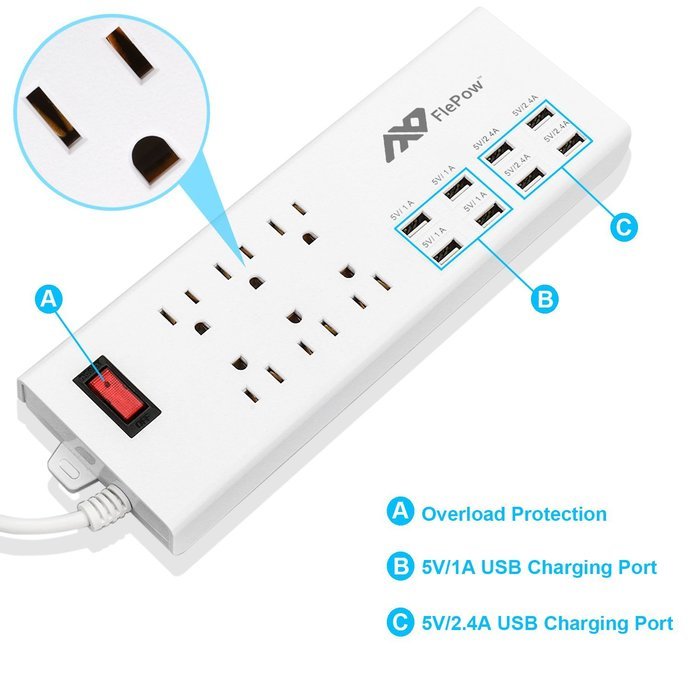 Power Strip, FlePow 1625W/13A 6-Outlet Surge Protector with 6 USB ...