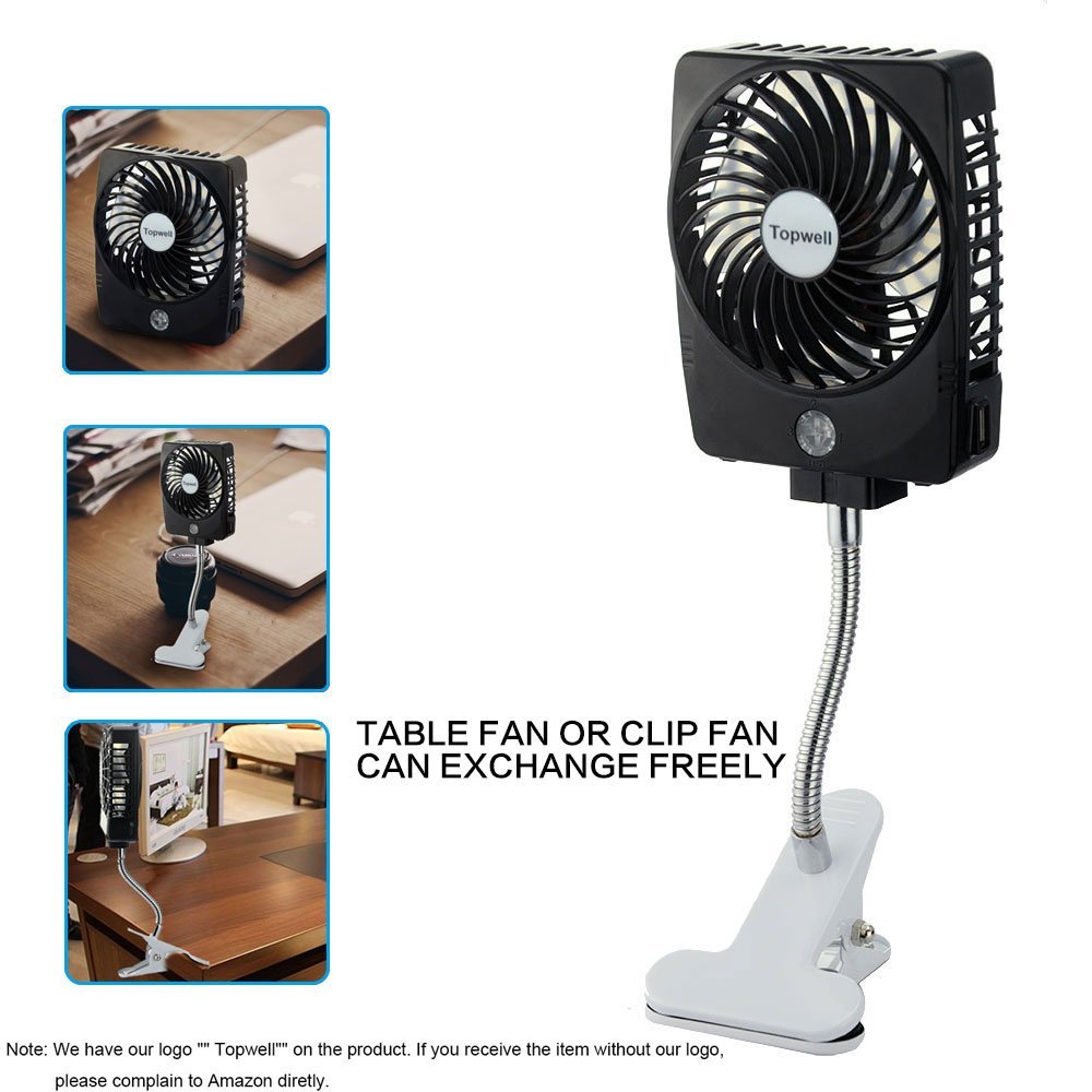 Topwell Mini Square Rechargeable Clip Base Fan with LED Light, Battery ...