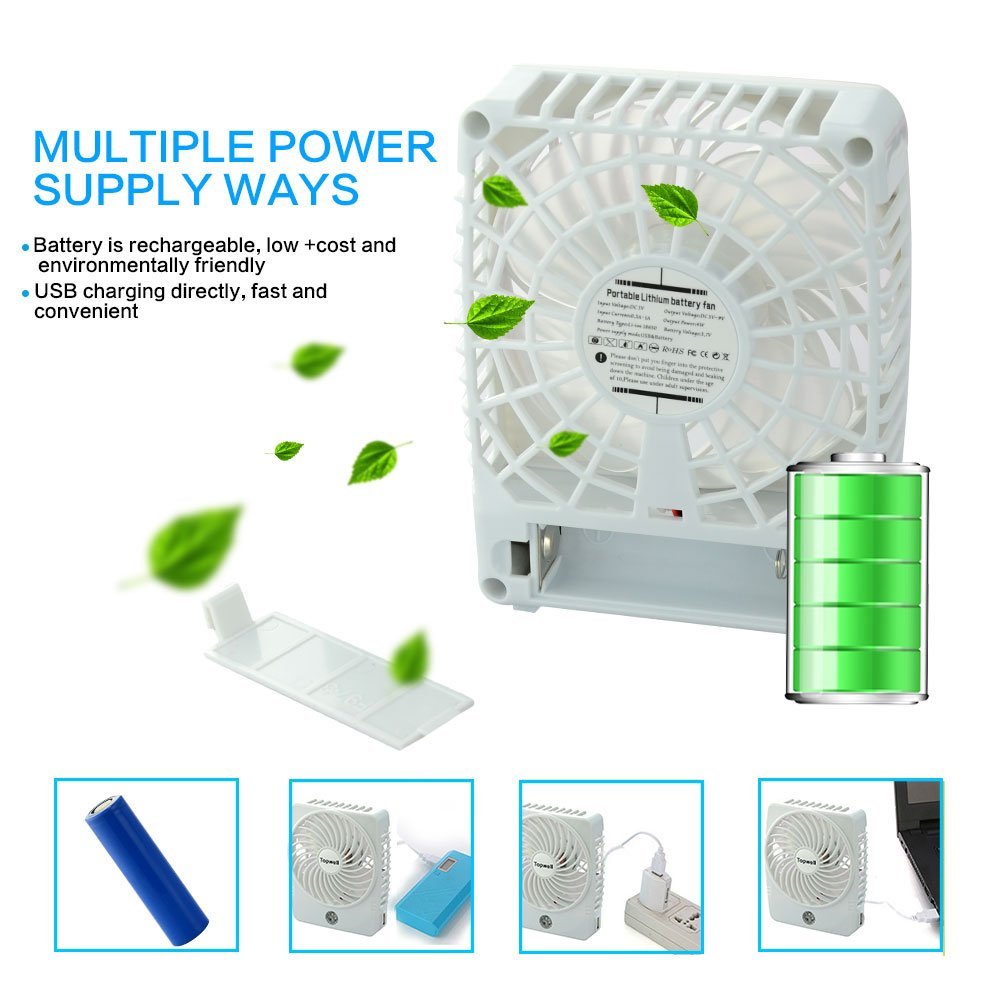 Topwell Mini Square Rechargeable Clip Base Fan with LED Light, Battery ...