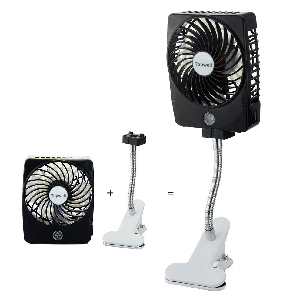 Topwell Mini Square Rechargeable Clip Base Fan with LED Light, Battery ...
