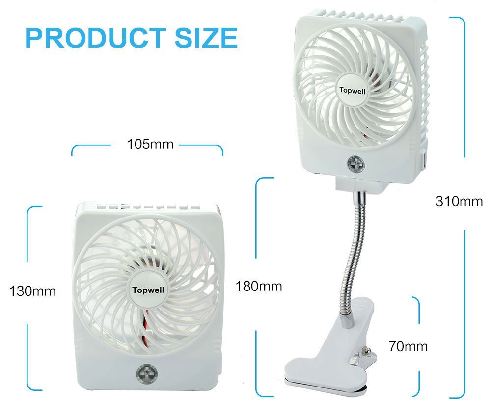 Topwell Mini Square Rechargeable Clip Base Fan with LED Light, Battery ...