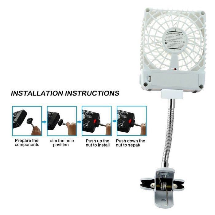Topwell Mini Square Rechargeable Clip Base Fan with LED Light, Battery ...