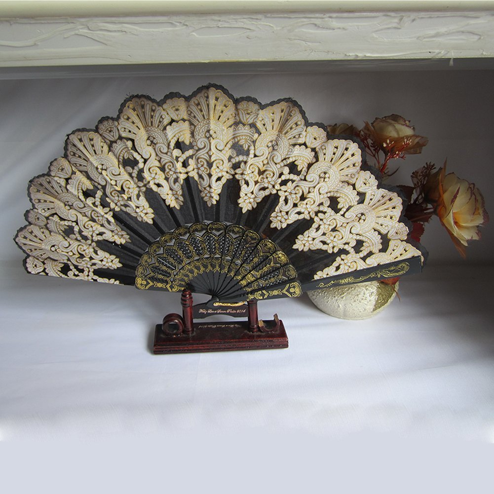 Froomer Hand Held Fan Folding Foldable Wave Edge Floral Fabric Cloth ...