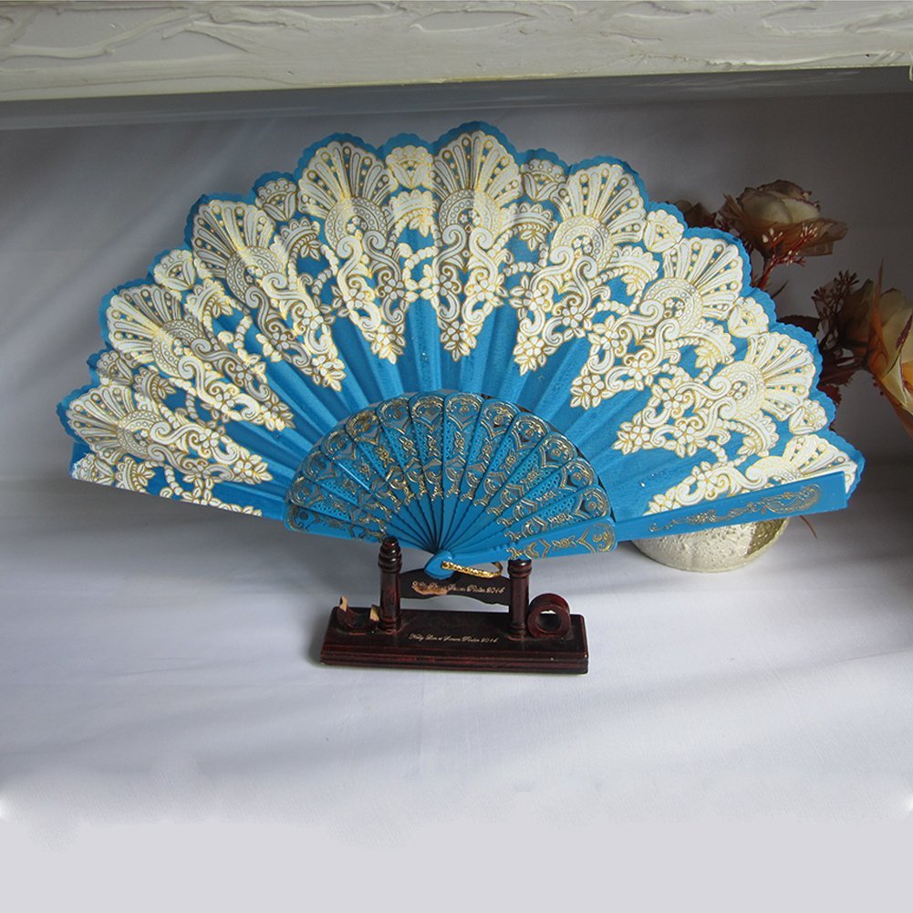 Froomer Hand Held Fan Folding Foldable Wave Edge Floral Fabric Cloth ...