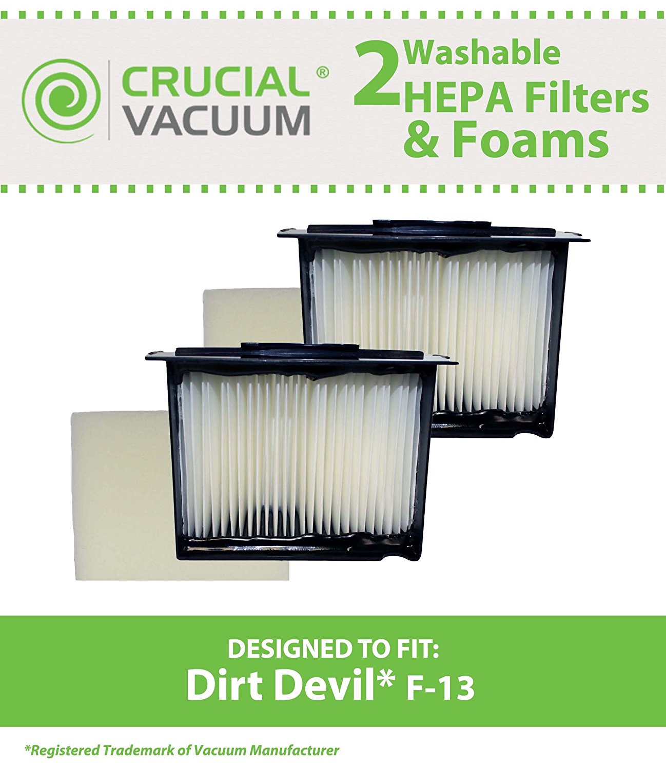 2 Dirt Devil F13 (F-13) Washable HEPA Filters Plus Foam Inserts Fits Dirt Devil Reaction Dual ...