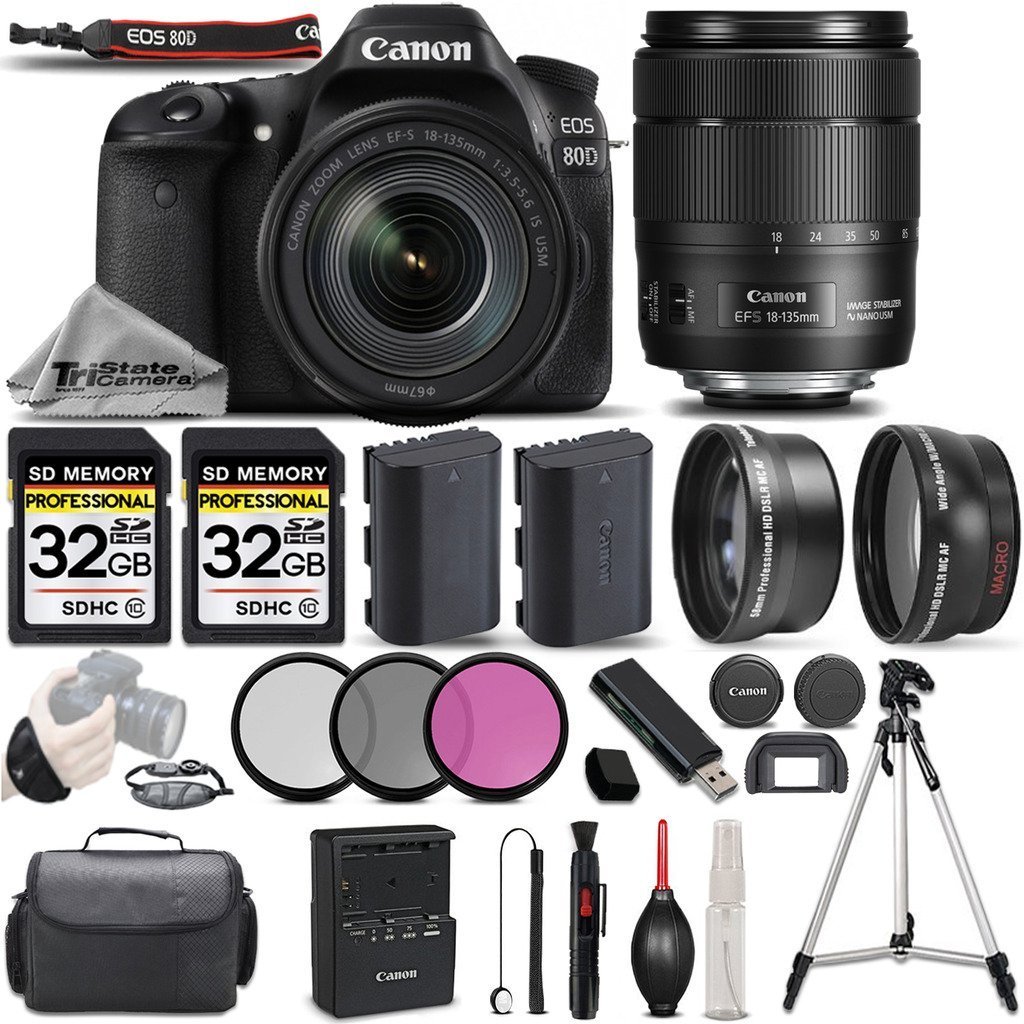 Canon EOS 80D Wi-Fi Full HD 1080P Digital SLR Camera + Canon 18-135mm ...