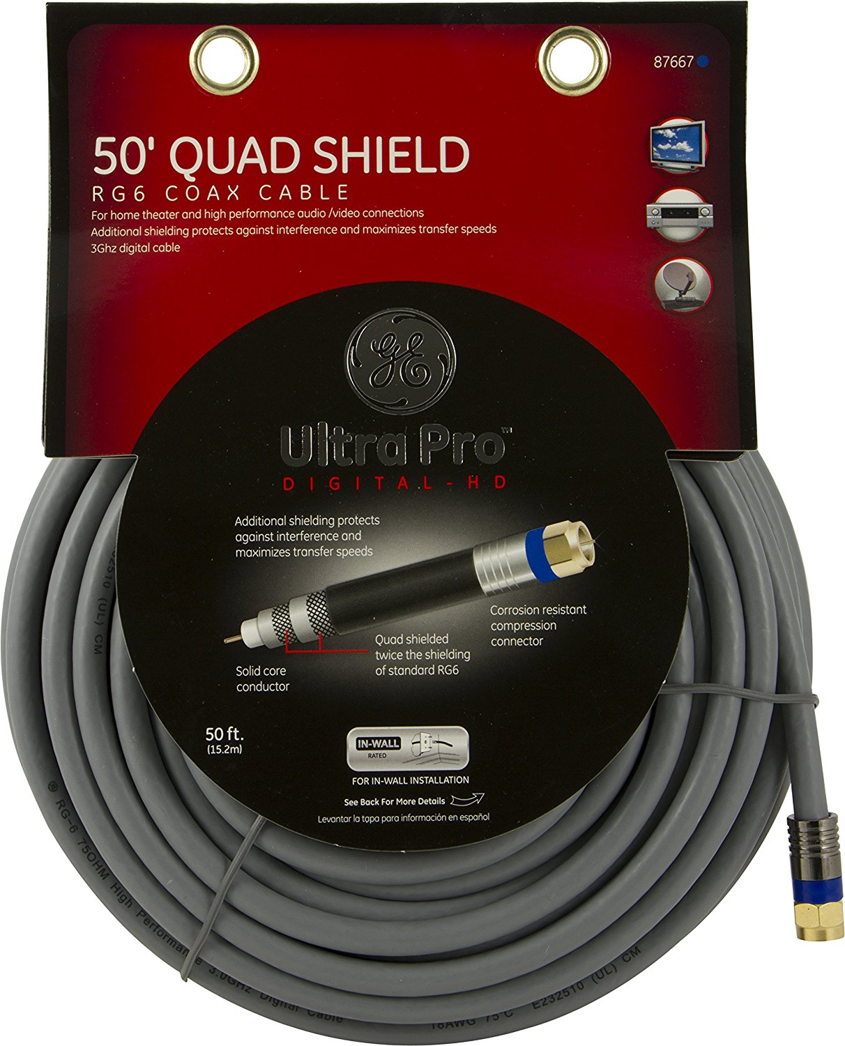 GE 87667 Quad Shielded G6 50-Feet Coaxial Cable, Gray N2 free image ...