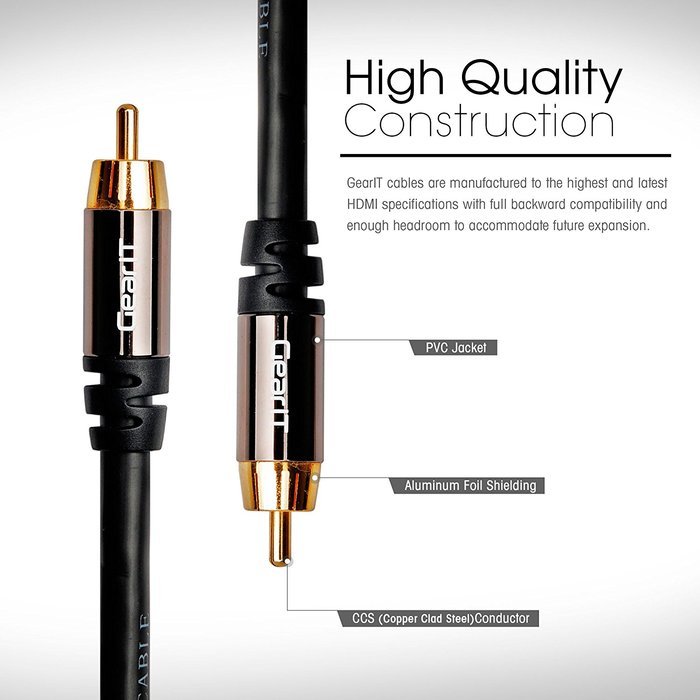 RCA Subwoofer Cable, GearIT Pro Series 3 Feet Gold Plated Dual Shielded ...